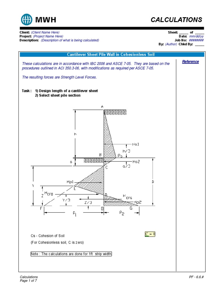 Mathcad New Sheet Pile Design MATHCAD TEMPLATE Deep Foundation