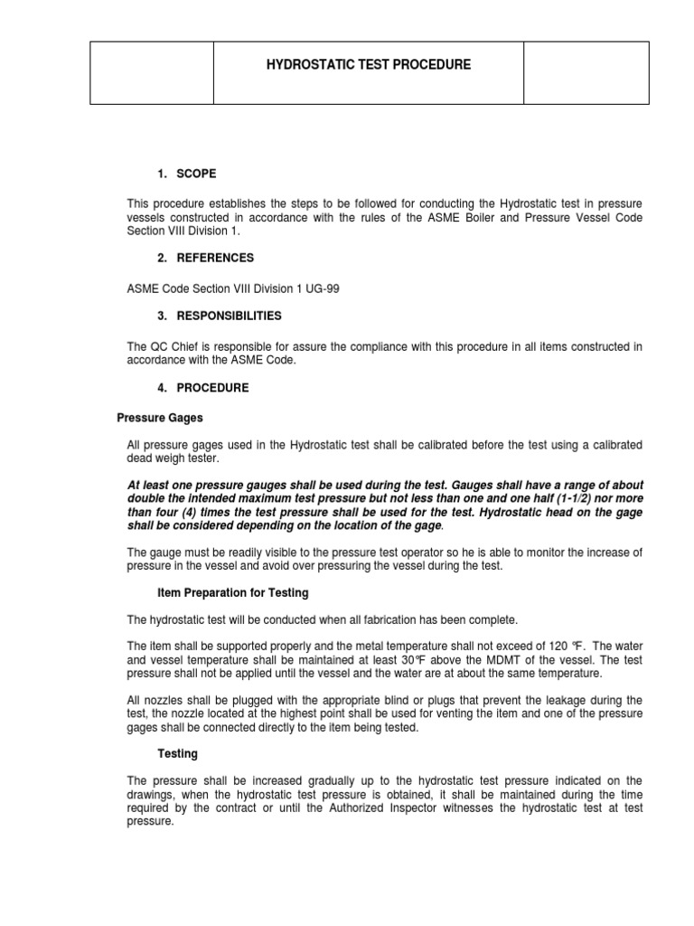 Hydrostatic Test Procedure for Vessels | PDF | Pressure Measurement ...