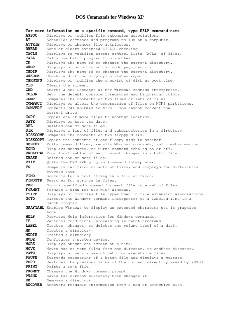 DOS Commands For Windows XP | PDF | Command Line Interface | Computer File