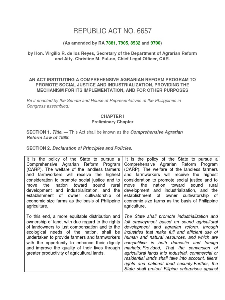 RA No. 6657 (Comprehensive Agrarian Reform Law of 1988), As Amended by ...