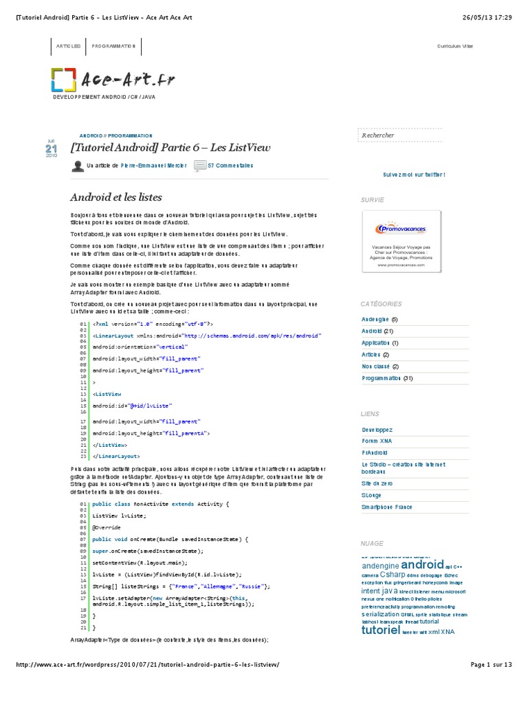 (Tutoriel Android) Partie 6 - Les ListView - Ace Art Ace Art | PDF | Android (Système d ...