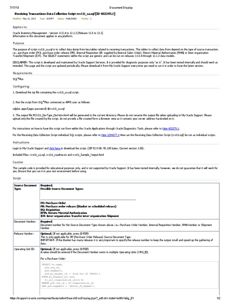 Receiving Transactions Data Collection Script | Download Free PDF | Oracle Database | Parameter ...