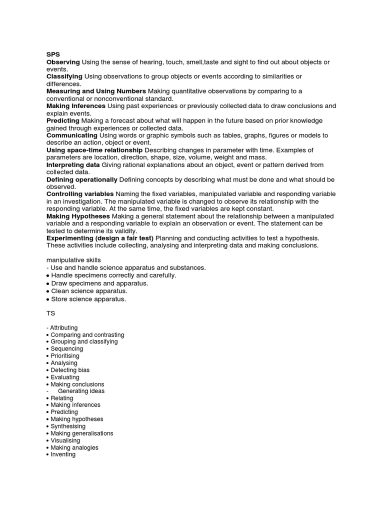 SPS Observing Classifying Measuring and Using Numbers Making Inferences Predicting Communicating ...