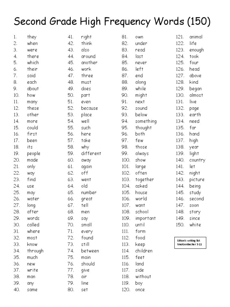 Second Grade High Frequency Words List | PDF