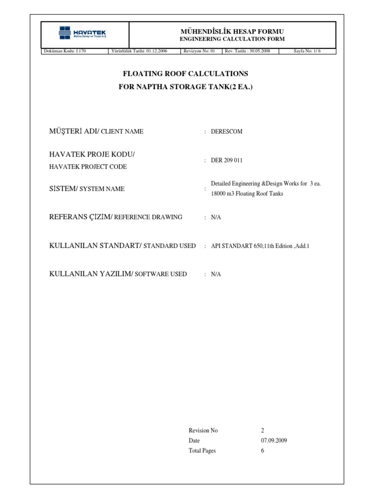 Floating Roof Calculations For Naphtha Storage Tanks | PDF