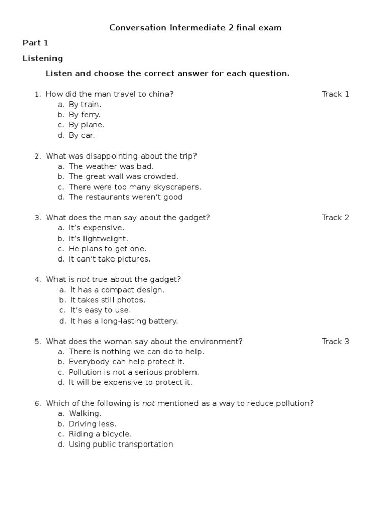 Conversation Intermediate 2 Final Exam Listening Listen and Choose The ...