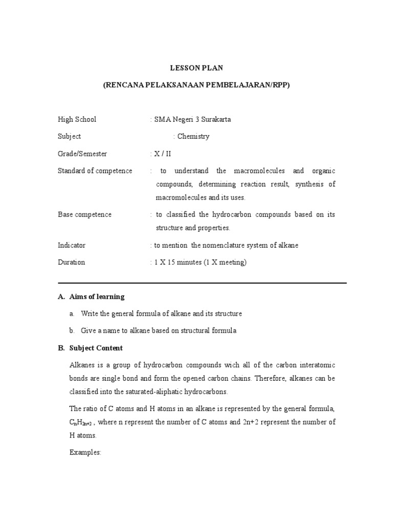 Lesson Plan (Rencana Pelaksanaan Pembelajaran/Rpp) | PDF | Alkane | Hydrocarbons