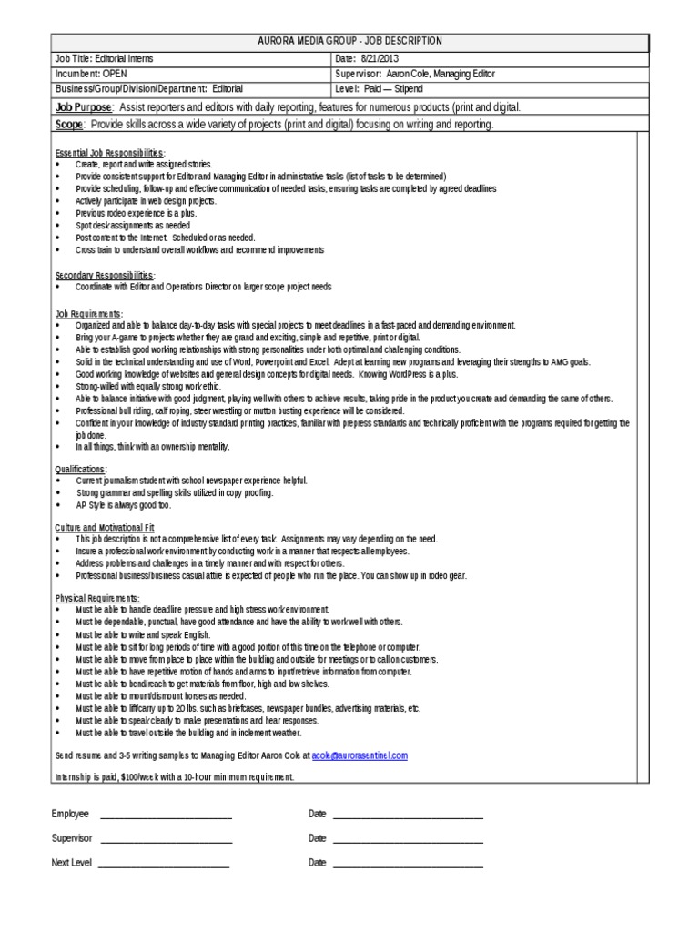 Editorial Intern Job Description | PDF | Internship | Job Hunting