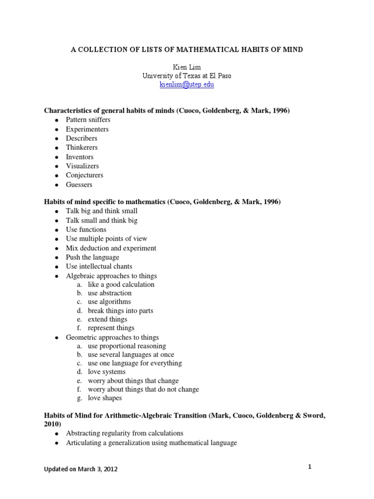 Mathematical Habits of Mind Overview | PDF | Representation (Arts ...