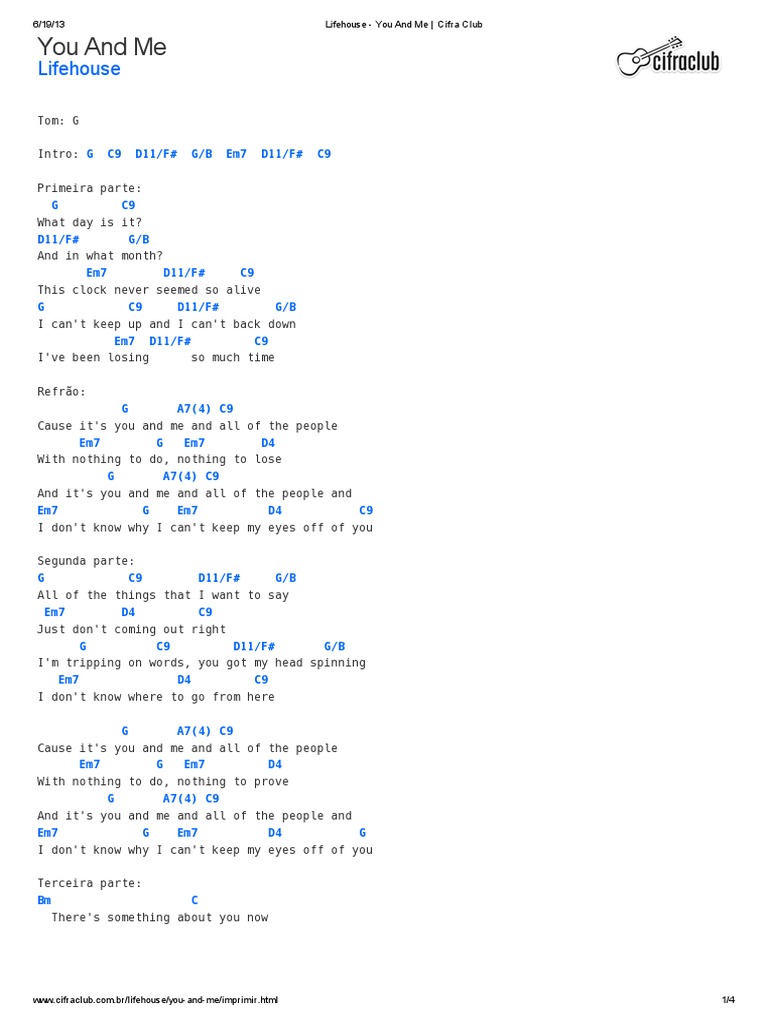 Lifehouse You And Me Guitar Chords
