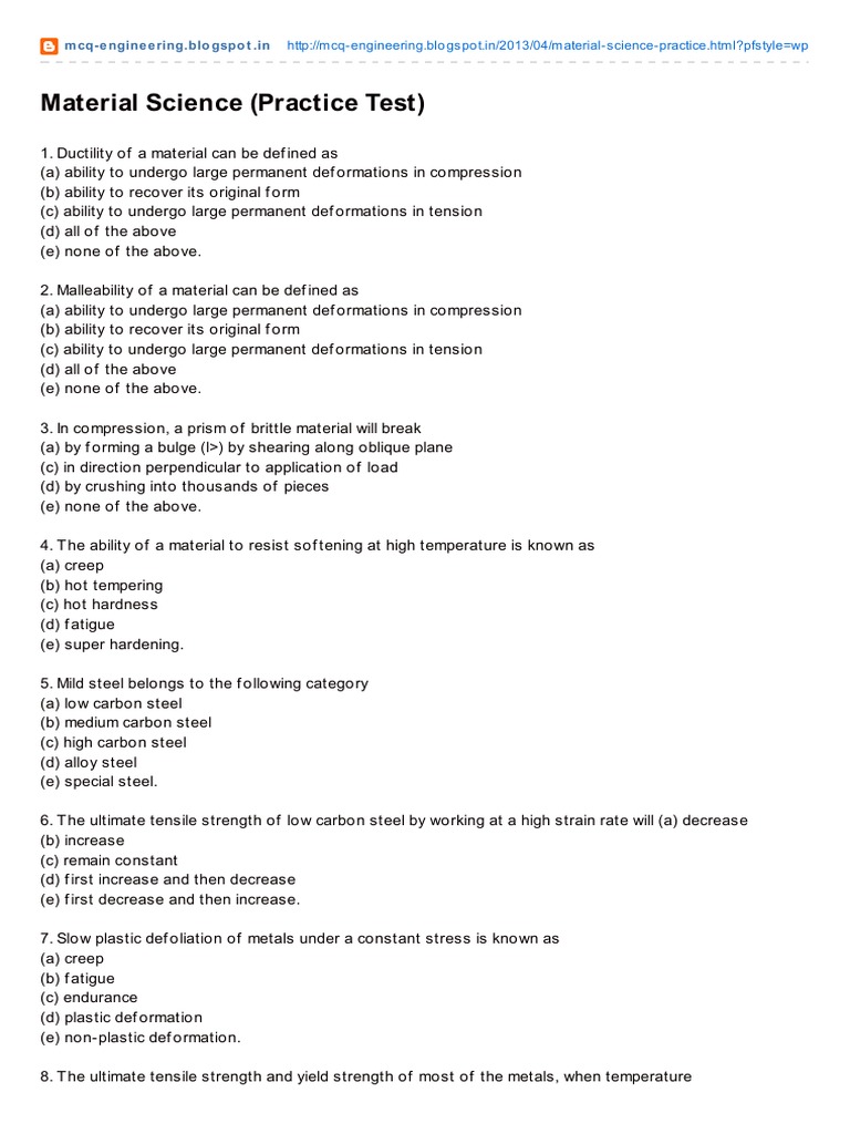 Material Science Practice Test MCQs | PDF | Science & Mathematics
