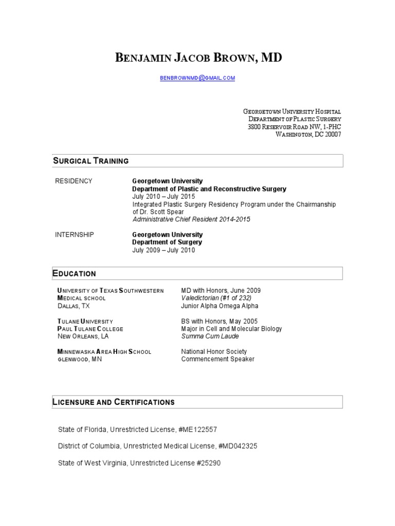Benjamin Jacob Brown MD Curriculum Vitae | PDF | Medical School | Plastic Surgery