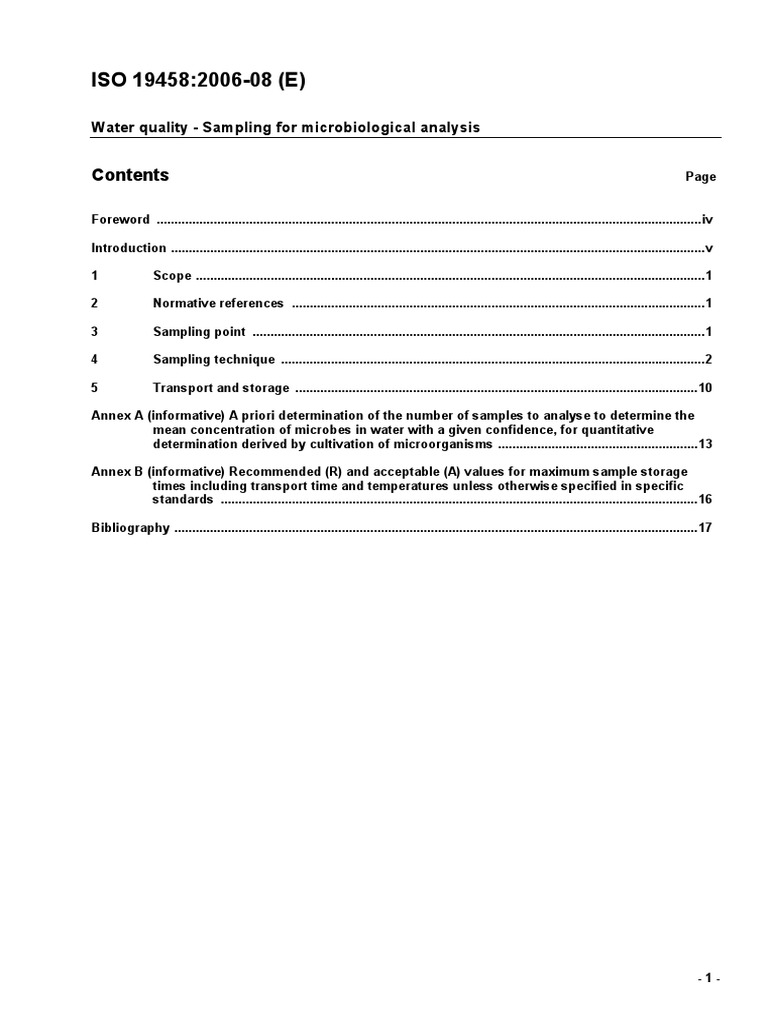 ISO 19458:2006-08 (E) : Water Quality - Sampling For Microbiological Analysis | PDF