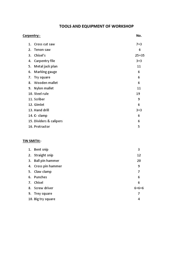 Workshop Tools and Equipment List | PDF | Sports & Recreation | Home ...