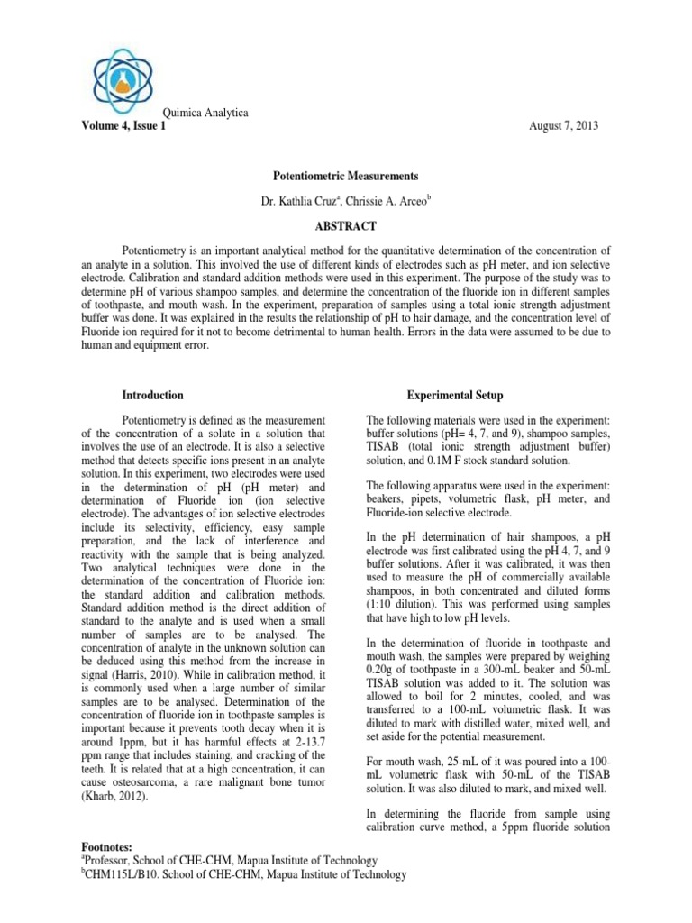 Potentiometric Measurement | PDF | Ph | Experiment
