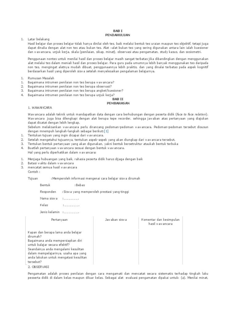 Instrumen Penilaian Non Tes | PDF