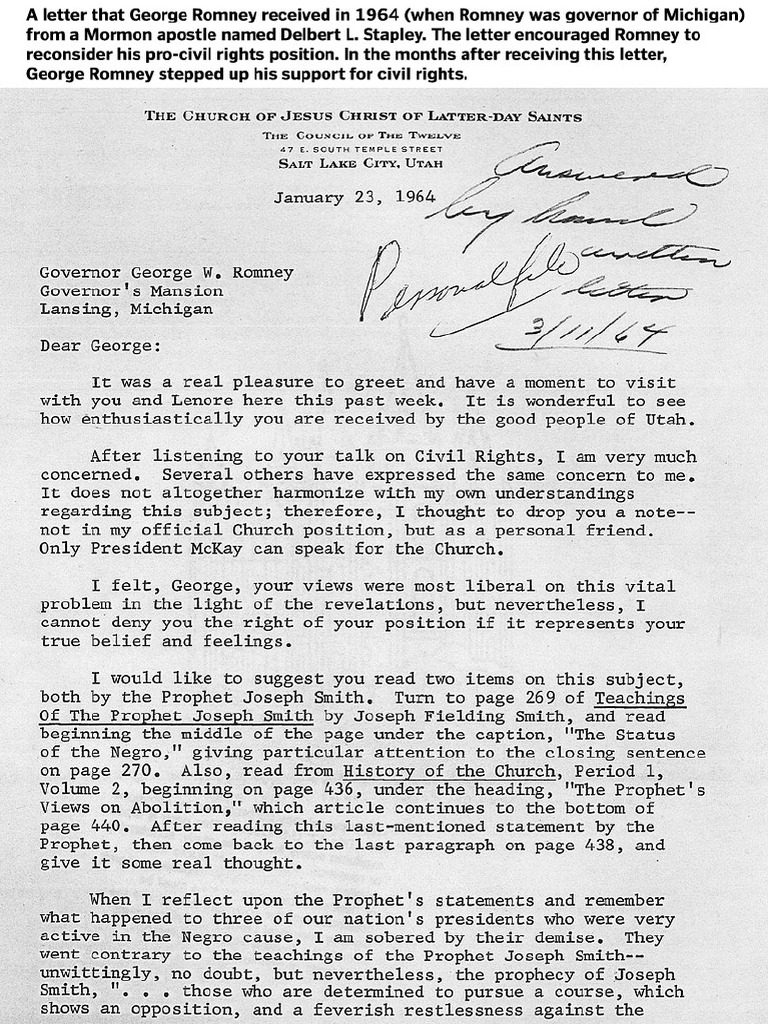 Apostle Delbert Stapley Letter To Michigan Governor George Romney | PDF