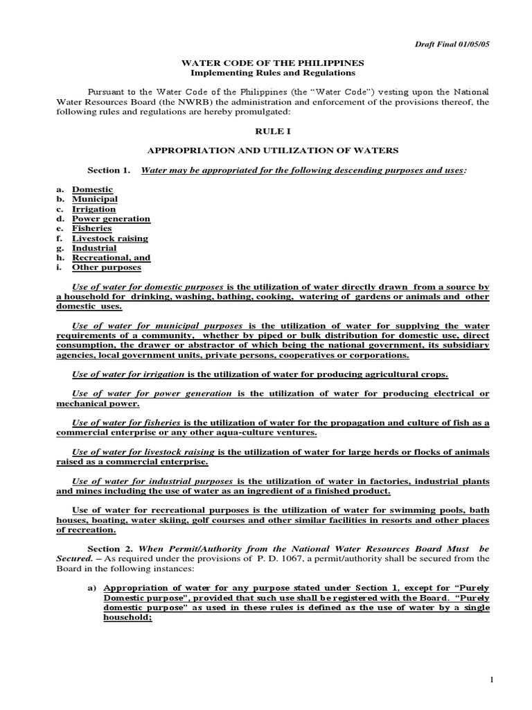 WATER CODE OF THE PHILIPPINES Implementing Rules and Regulations | PDF ...