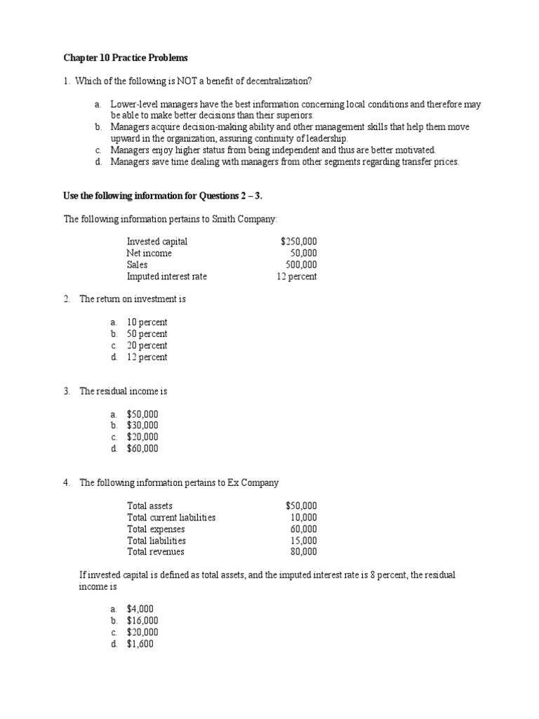 Chapter 10 Practice Problems | PDF | Return On Investment | Investing