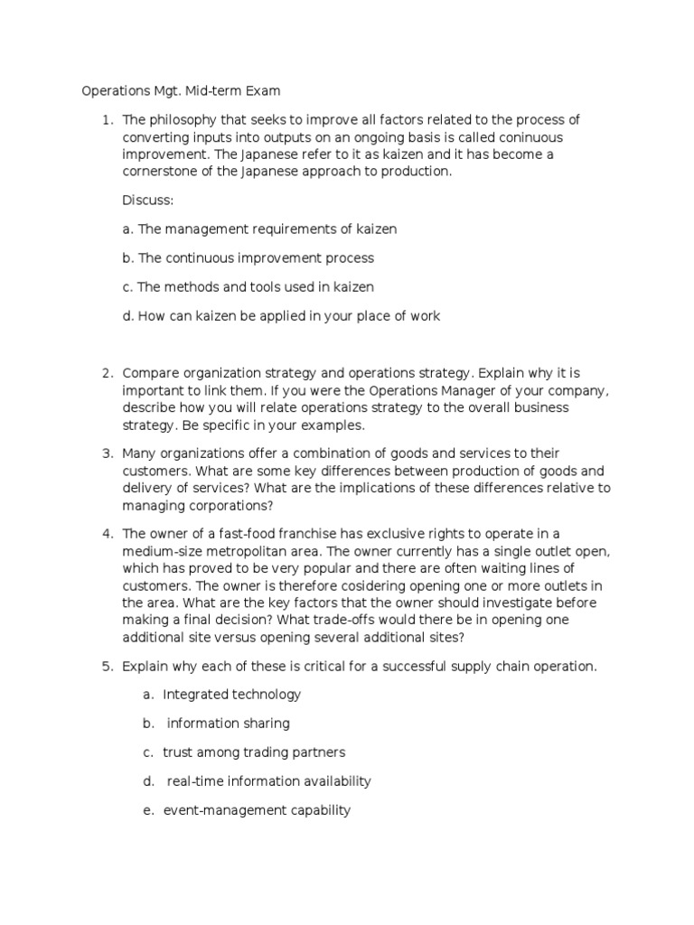 Operations Management Midterm Exam Guide | PDF | Operations Management ...