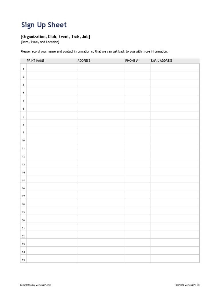 Sign Up Sheet: (Organization, Club, Event, Task, Job) | PDF | Copyright ...