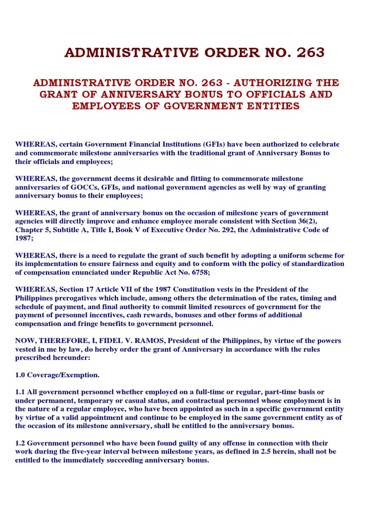 ADMINISTRATIVE ORDER NO 263 Anniversary Bonus.docx | Employee Benefits ...