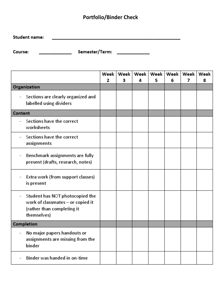 Organized Binder Checklist