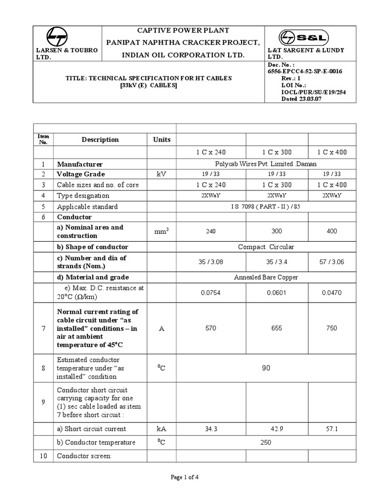 33 KV Data Sheet | PDF | Electrical Conductor | Cable