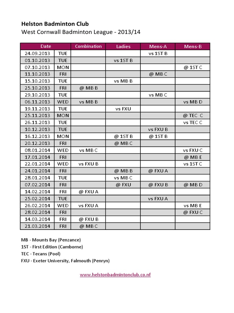 Helston Badminton Match Schedule | PDF | Sports & Recreation