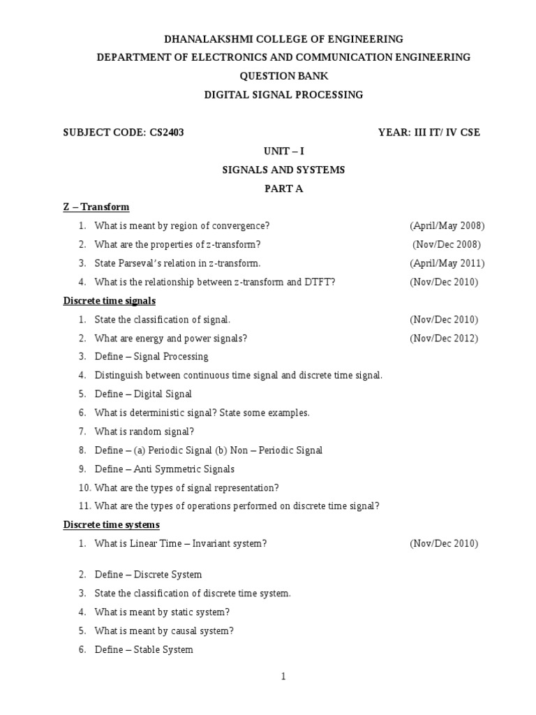 CS2403 DSP Question Bank Group - New | PDF | Discrete Fourier Transform ...