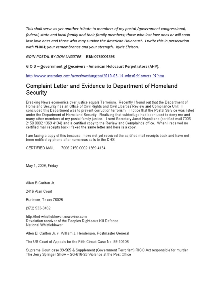 Complaint Letter and Evidence to Department of Homeland Security ...
