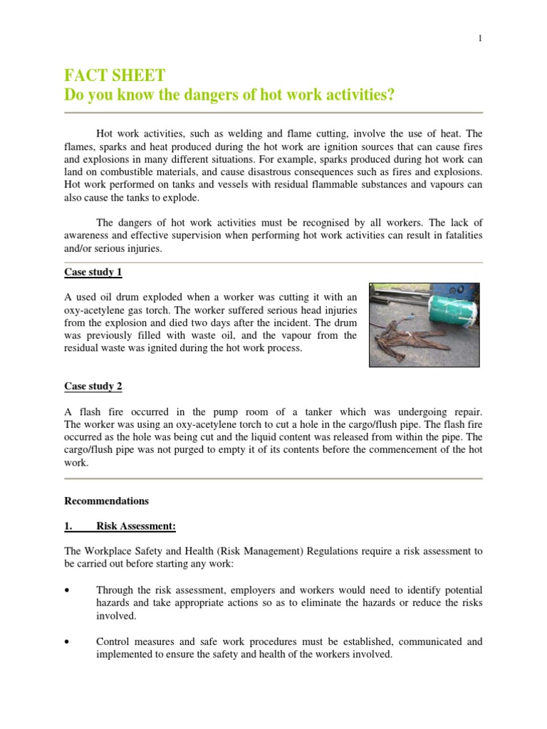 Fact Sheet Do You Know The Dangers of Hot Work Activities?: Case Study ...