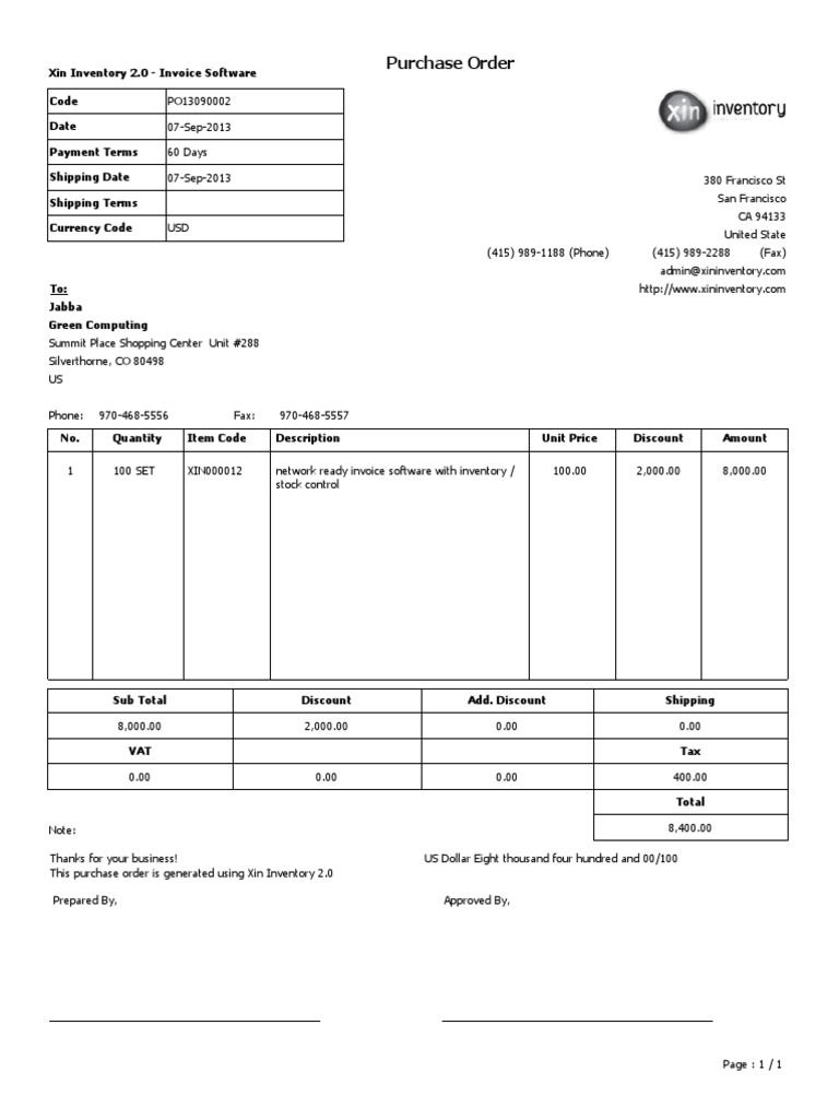 Purchase Order: Xin Inventory 2.0 - Invoice Software Code | PDF