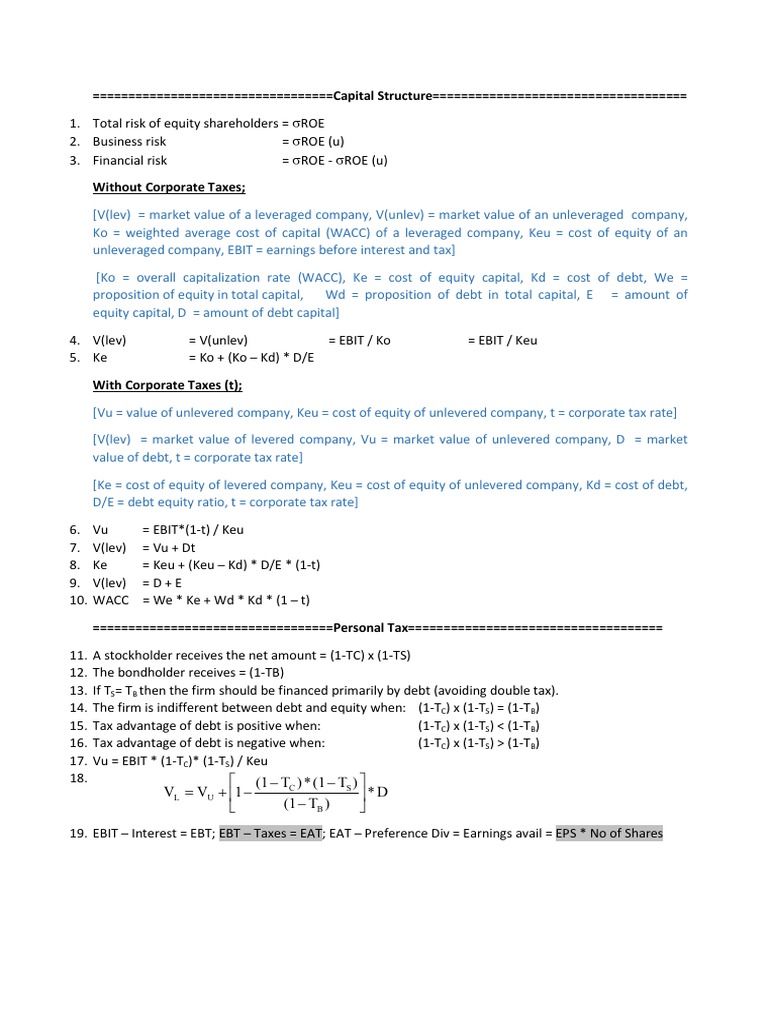 Corporate Finance - Formulas | Cost Of Capital | Dividend