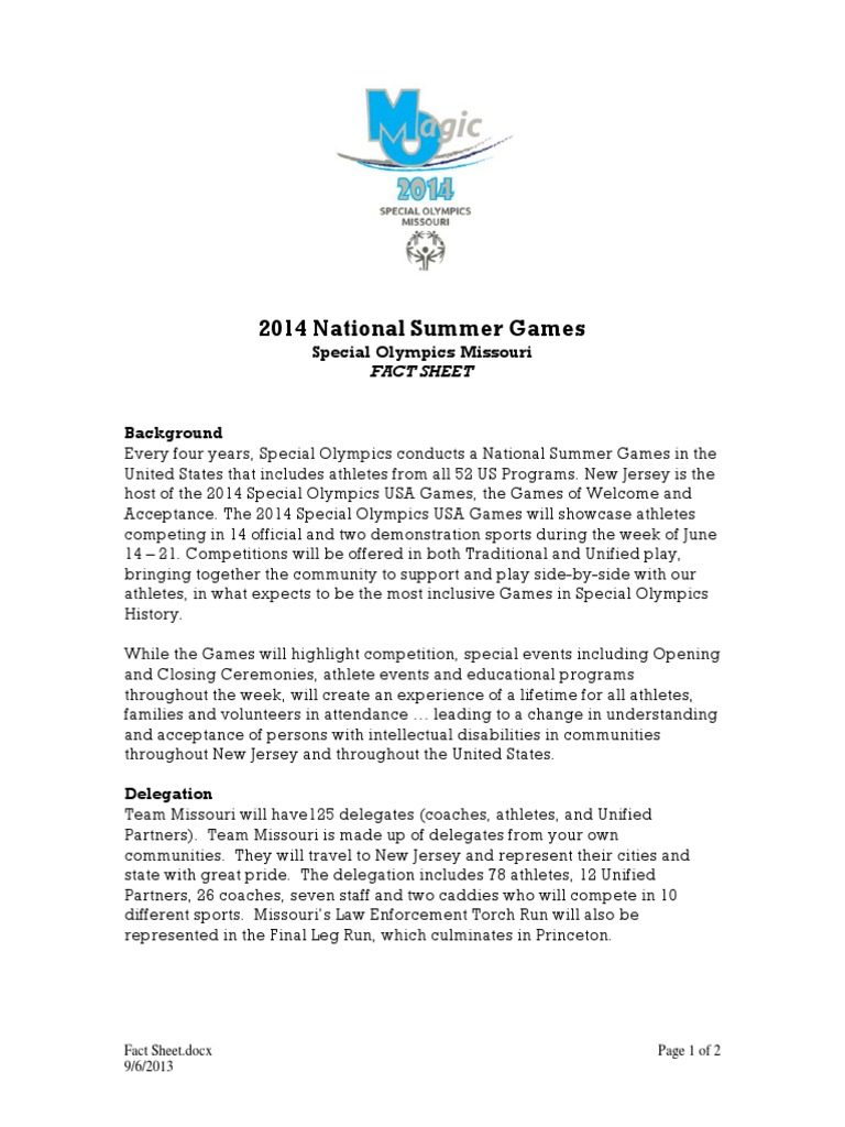 2014 USA Games Fact Sheet | PDF | Olympic Games | Sports
