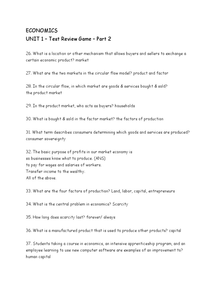 Economics UNIT 1 - Test Review Game - Part 2 | PDF | Economic System ...