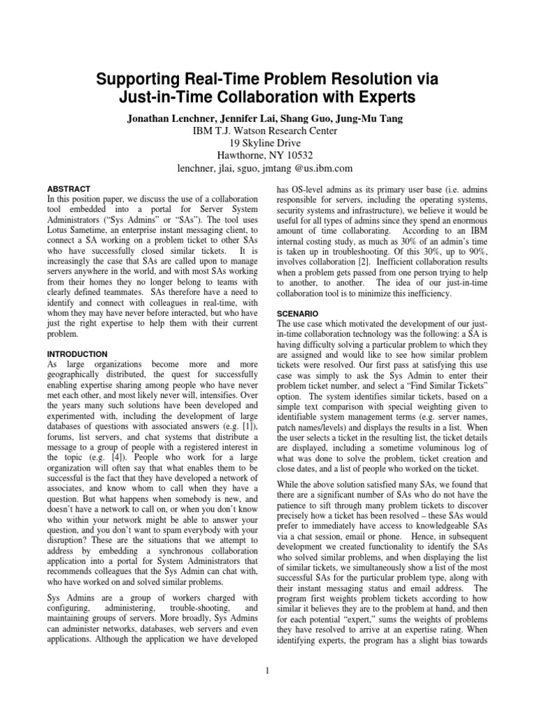 Supporting Real-Time Problem Resolution Via Just-in-Time Collaboration ...