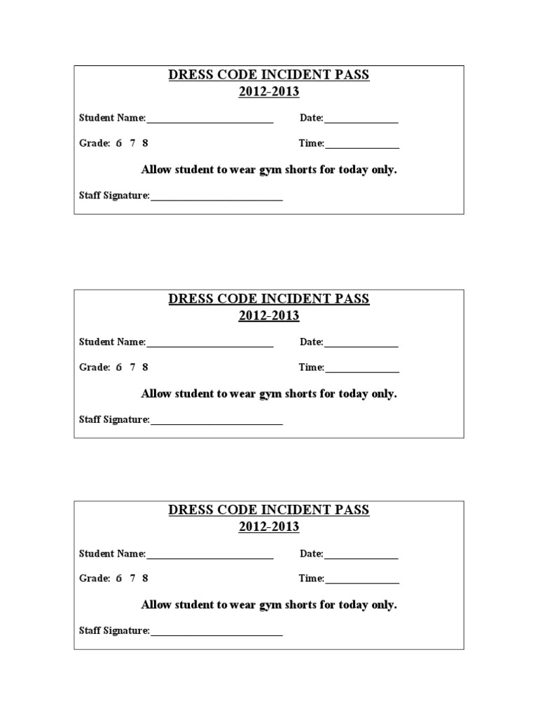 Dress Code Incident Pass Template | PDF