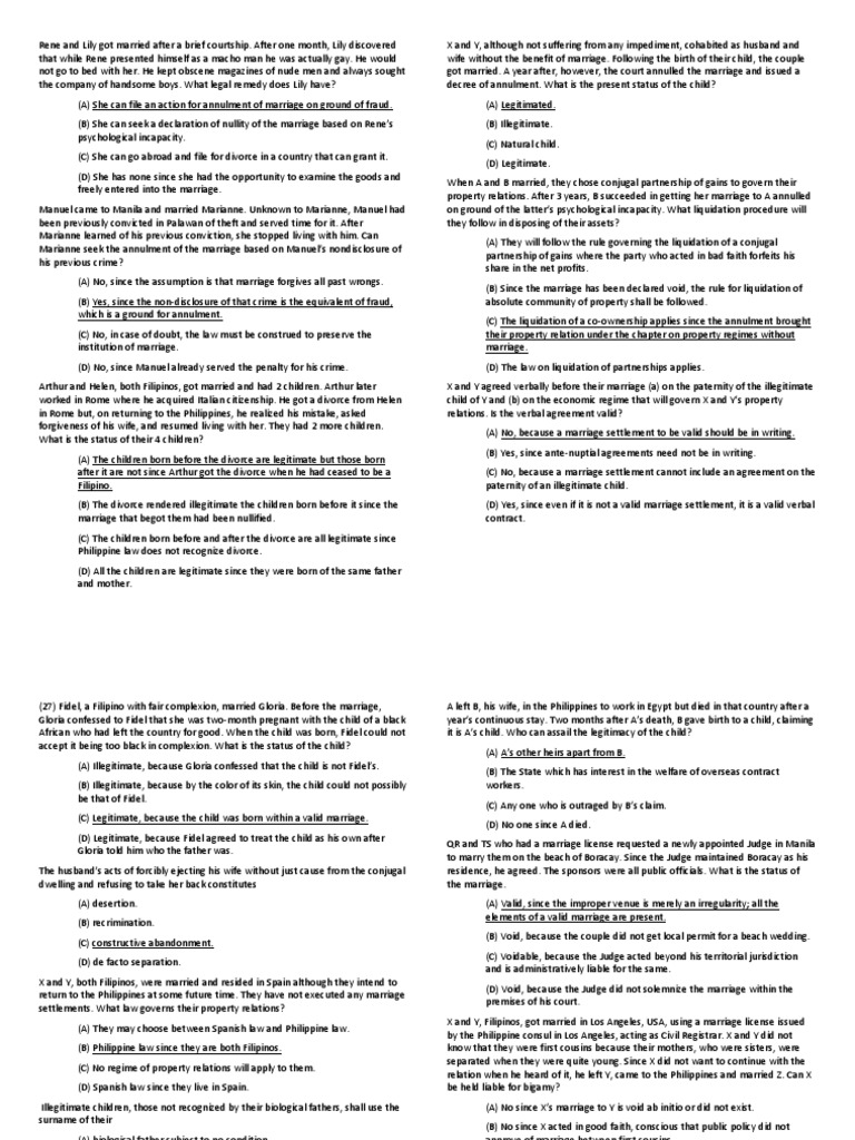 Family Relations Questions Bar 2011 To 2008 | PDF | Annulment | Marriage