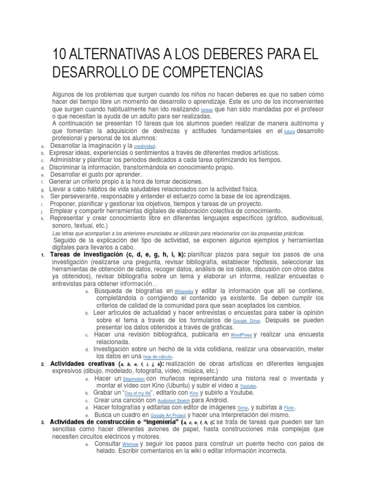 10 Alternativas A Los Deberes para El Desarrollo de Competencias | PDF | Aprendizaje | Conocimiento
