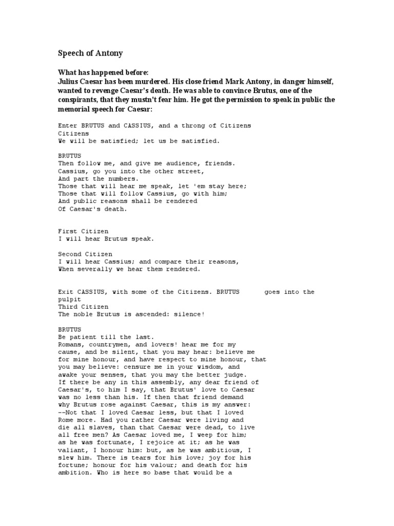 Speech of Antony | Marcus Junius Brutus The Younger | Julius Caesar