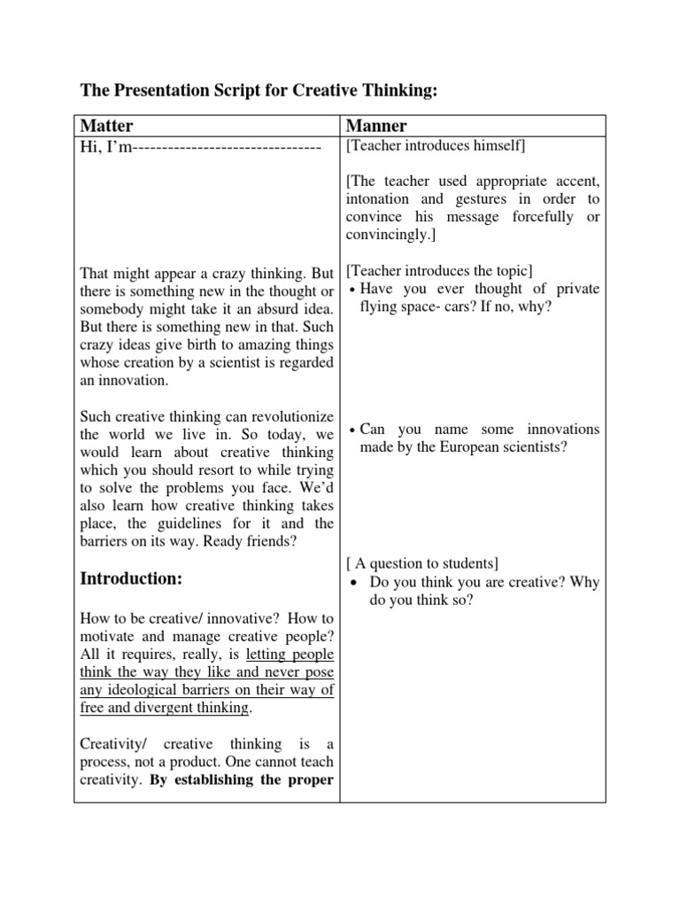 Creative Thinking Presentation Script | PDF | Creativity | Idea