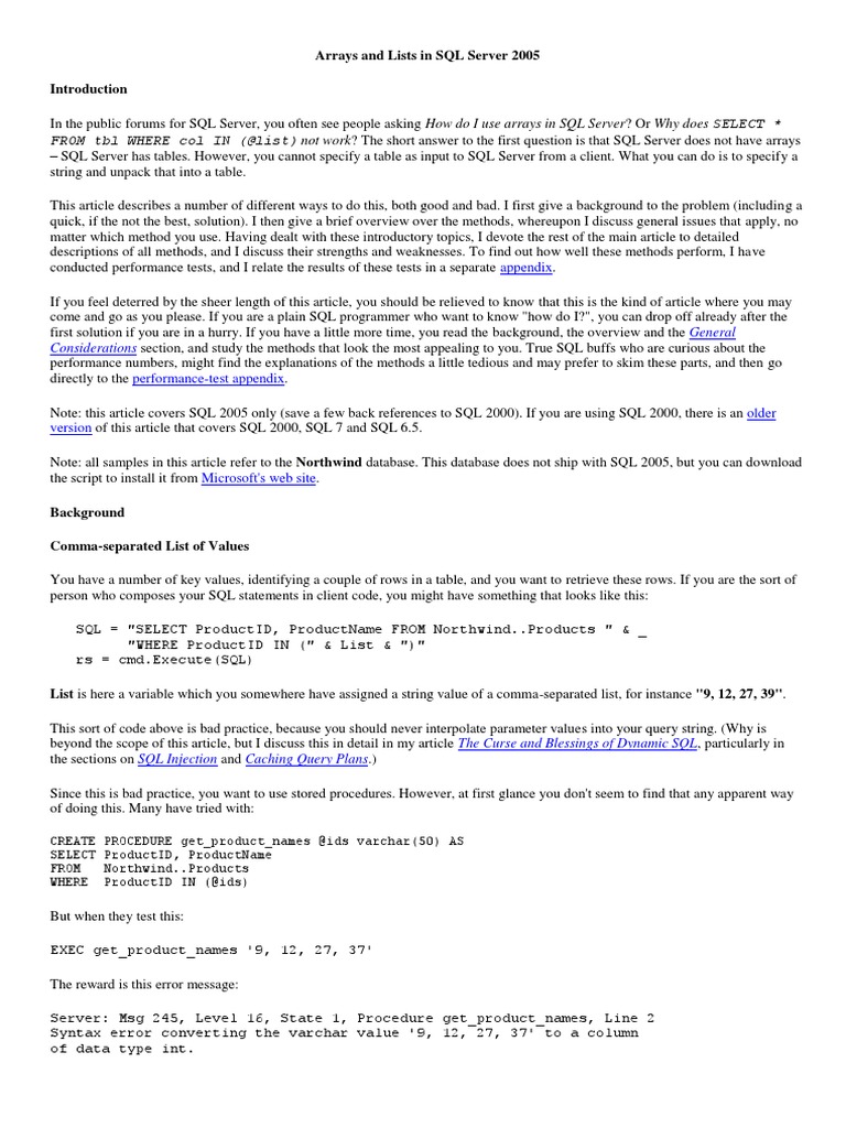 Arrays and Lists in SQL Server 2005 | PDF | Sql | Subroutine
