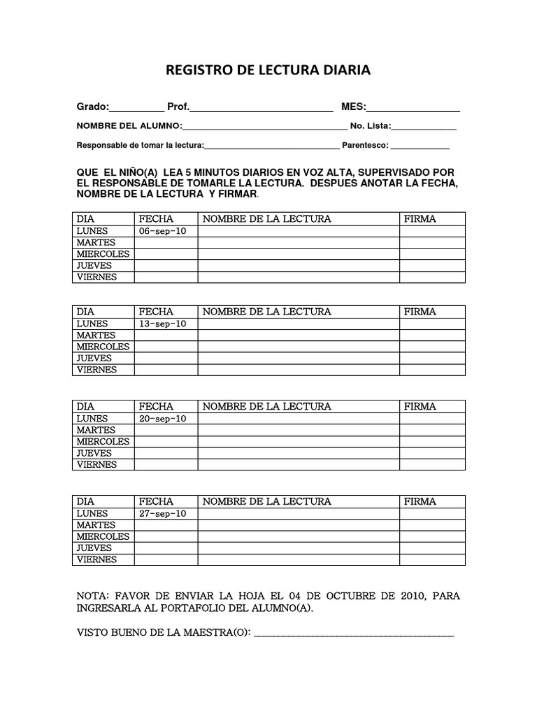 Registro de Lectura Diaria Escolar | PDF
