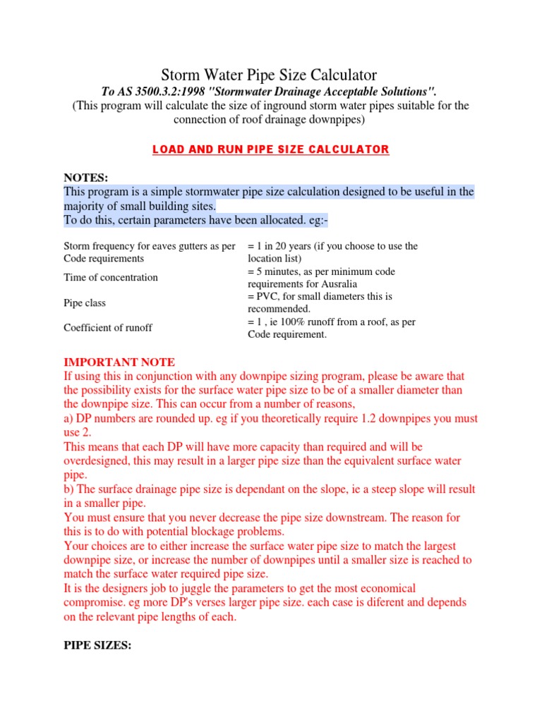 Storm Water Pipe Size Calculator | Stormwater | Surface Runoff