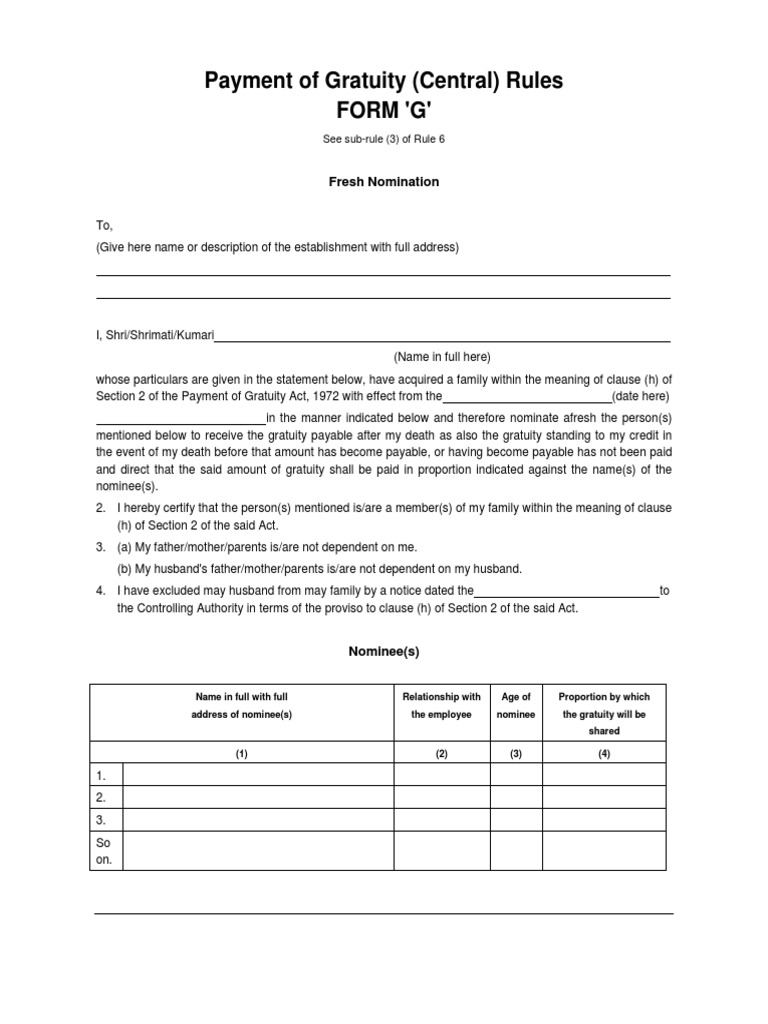 Gratuity Form G: Fresh Nomination Guide | PDF | Gratuity | Employment
