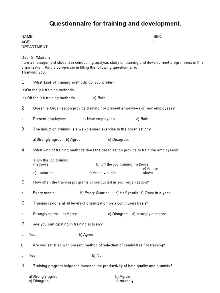 A Questionnaire For Training and Development | PDF | Employment | Business
