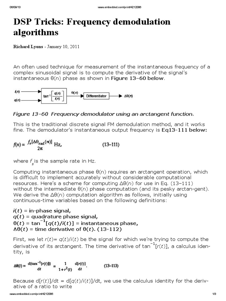 DSP Tricks - Frequency Demodulation Algorithms | PDF | Frequency Modulation | Phase (Waves)