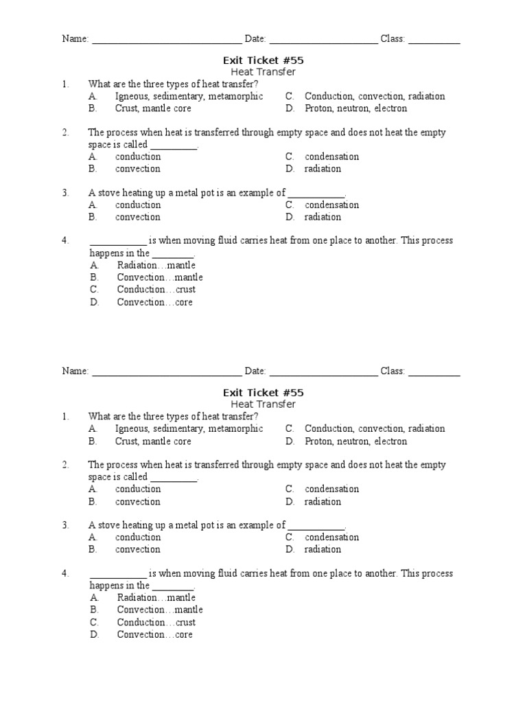 Heat Transfer Exit Ticket #55 | PDF | Heat Transfer | Thermal Conduction