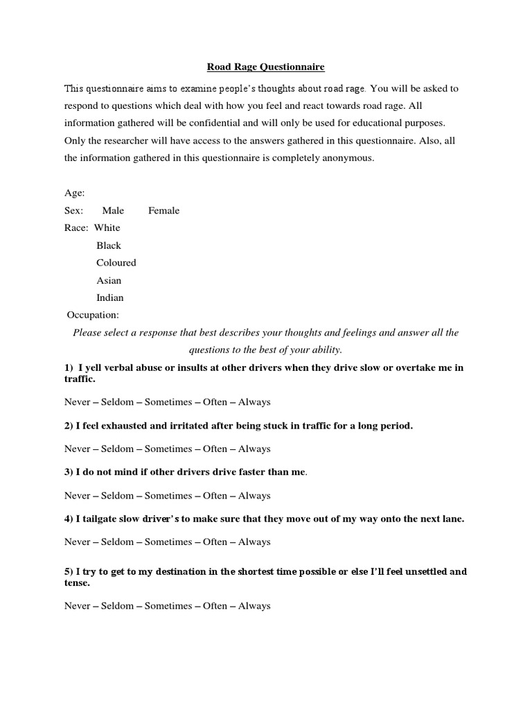 Road Rage Questionnaire | PDF | Traffic | Questionnaire